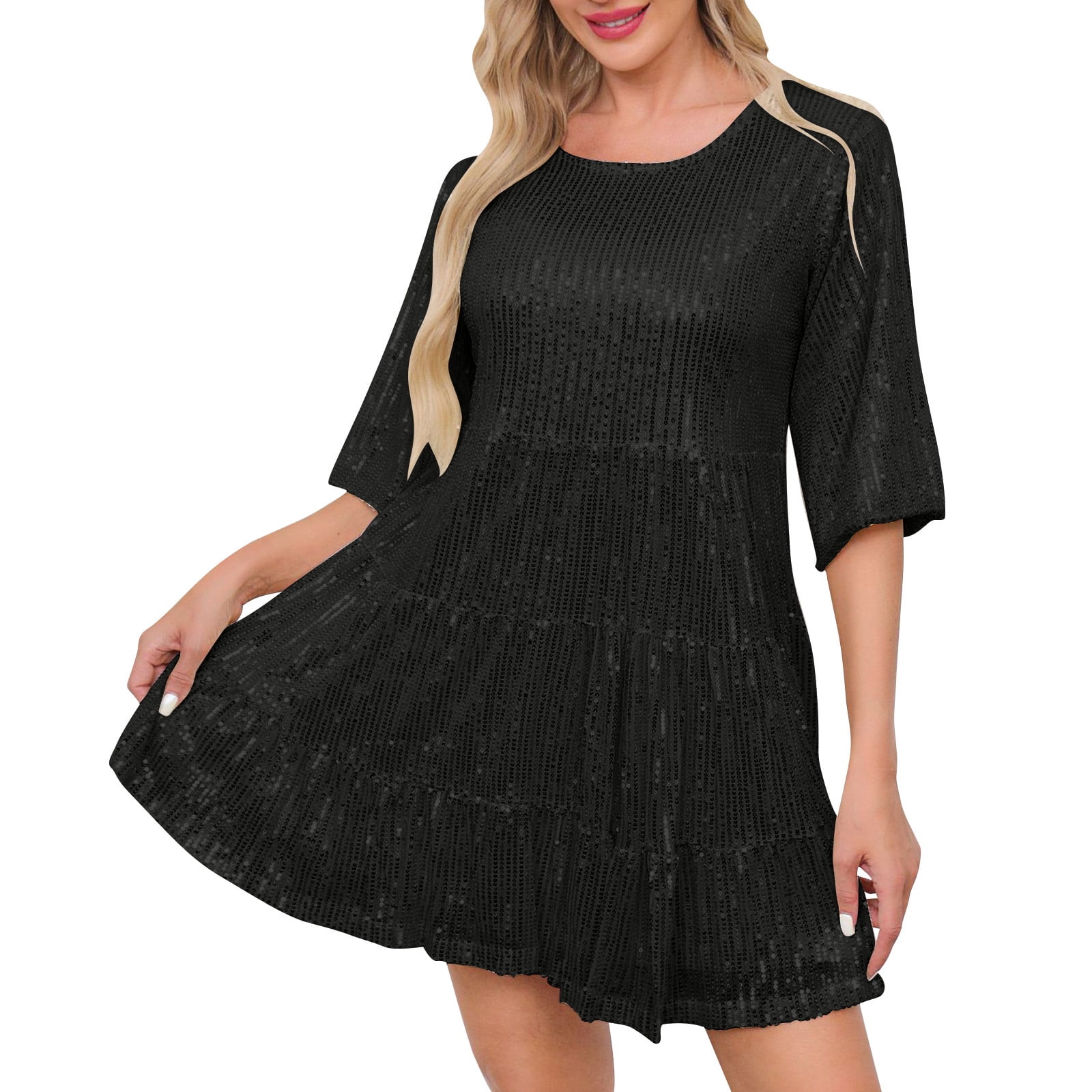Black Ladies Loose Fit Dresses Homecoming Dress for Women Short Sleeve ...
