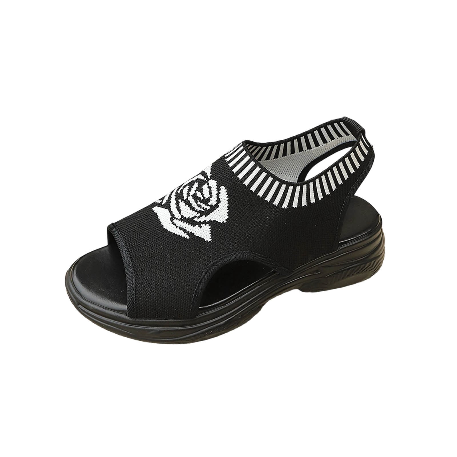 Black Ladies Loose Fitting Mesh Embroidered Peep Toe Wedge Sandals ...
