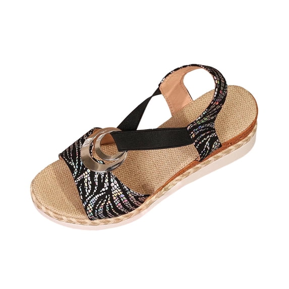 Black Ladies Metal Buckle Decor Rope Wedge Heel Fish Mouth Sandals ...
