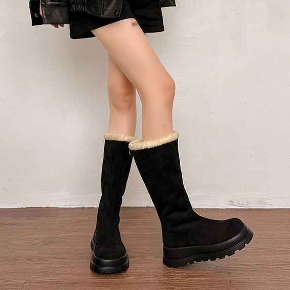 Black Ladies Mid Calf Boots Low Heel Fleece Lined Warm Faux Suede Thick ...