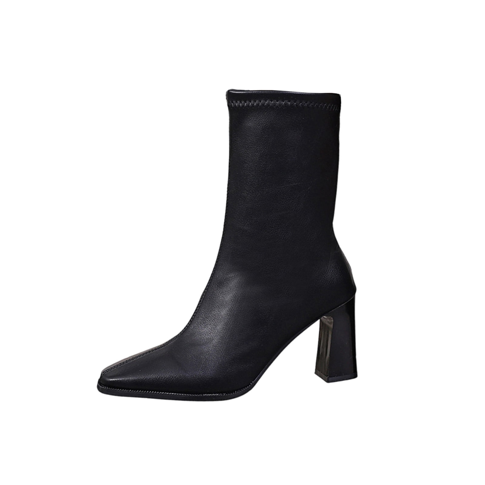 Black Ladies Mid Calf Boots Square Toe Block Heel Mid Heel Short ...