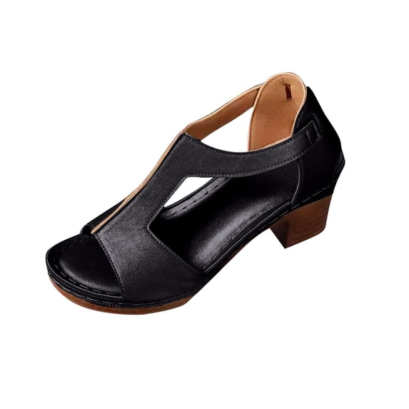 Black Ladies Open Toe High Heel Sandals Chunky Heel Solid Color Comfort ...