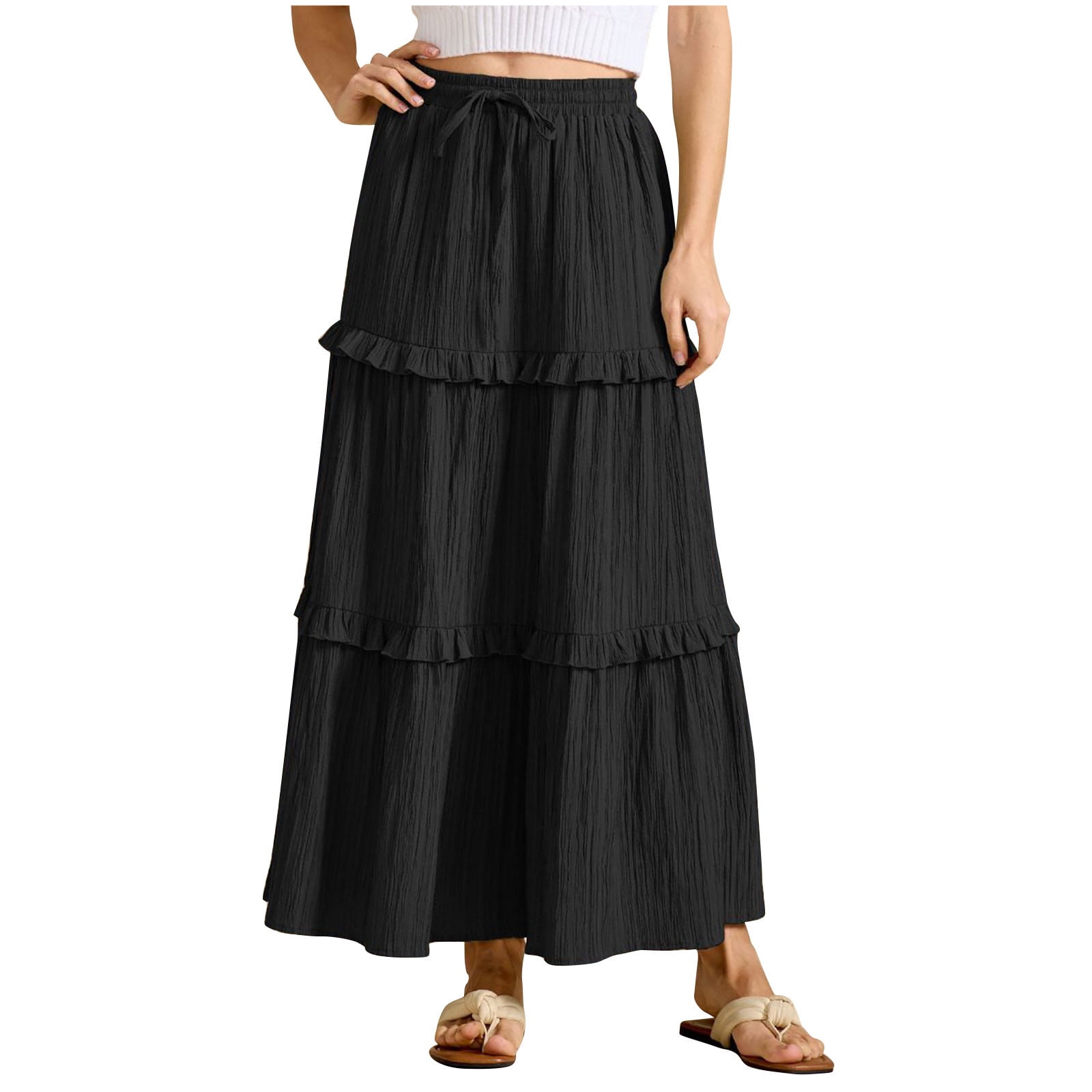 Black Ladies Pleated Paperbag Elastic Waist Plain Long Skirt for Women ...