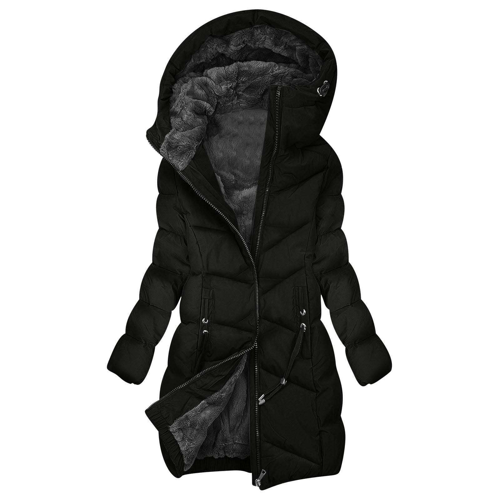 Black Ladies Puffer Jackets Hoods Outerwear for Women Long Thermal Thick with Hood Plain Winter ...