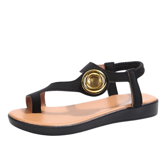 Black Ladies Round Toe Plus Size Sandals Decorative Detail Cozy Summer ...