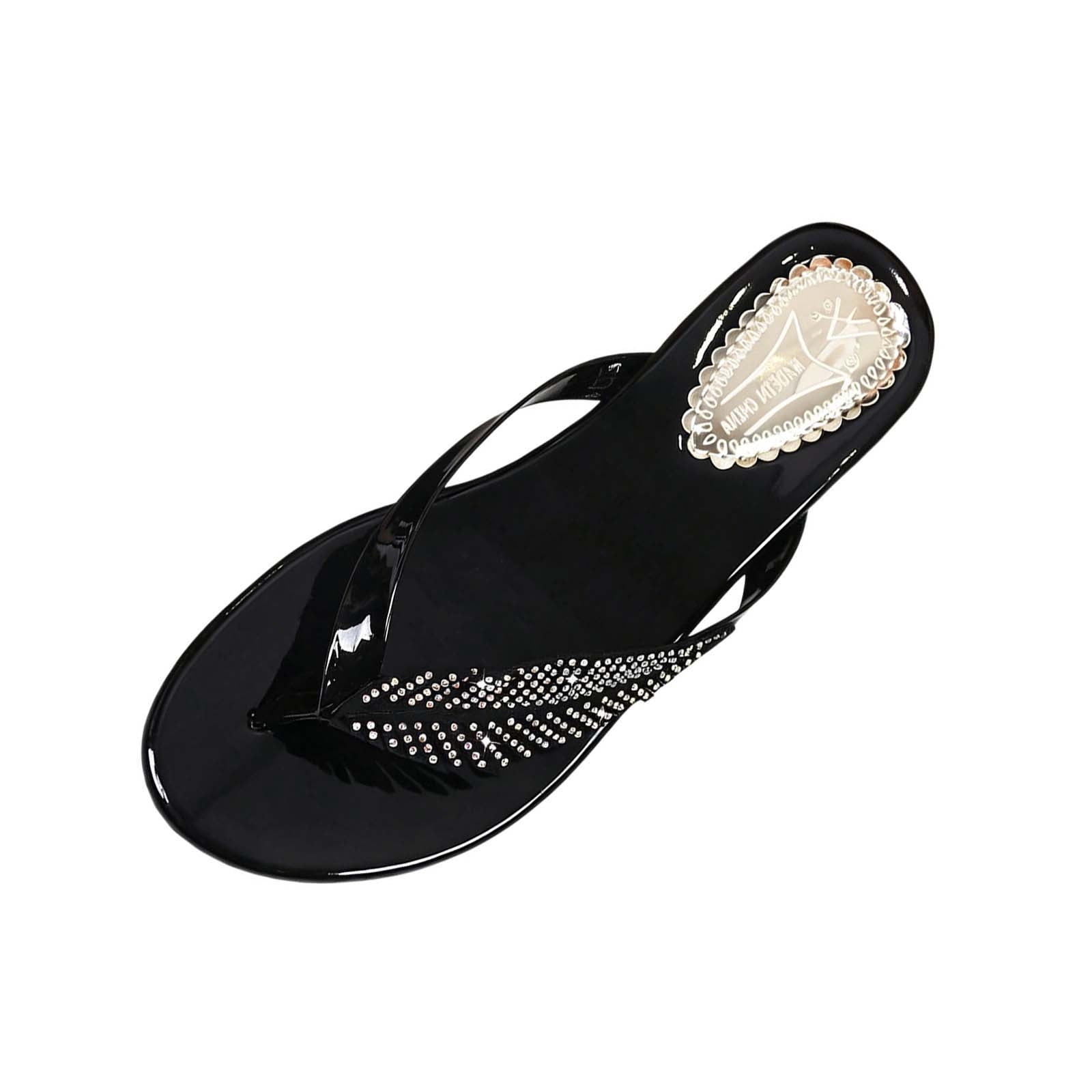 Black Ladies Round Toe Sandals Low Heel Rhinestone Open Toe Casual ...
