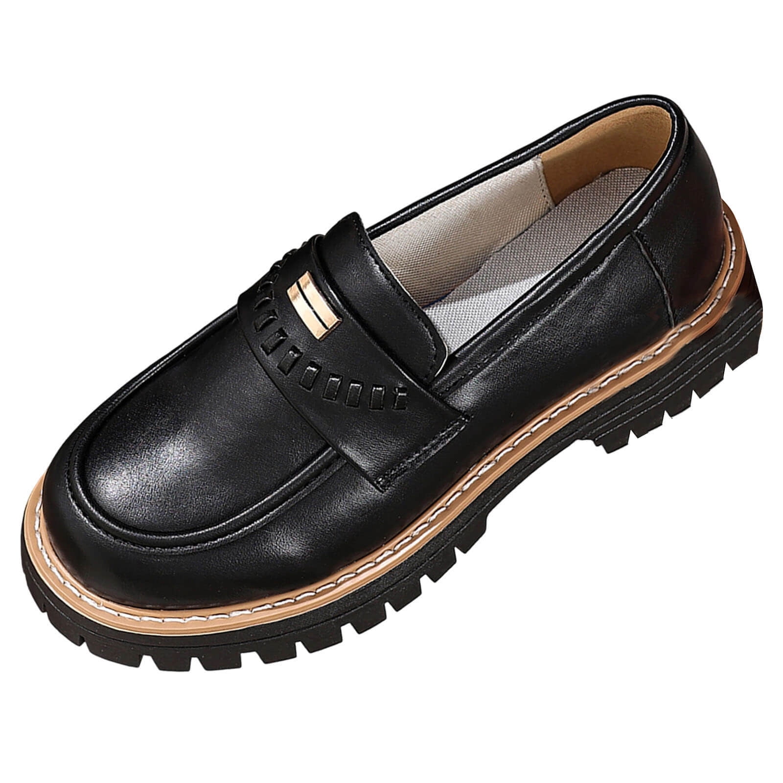 Black Ladies Round Toe Shiny Loafers With Metal Buckle British Style ...