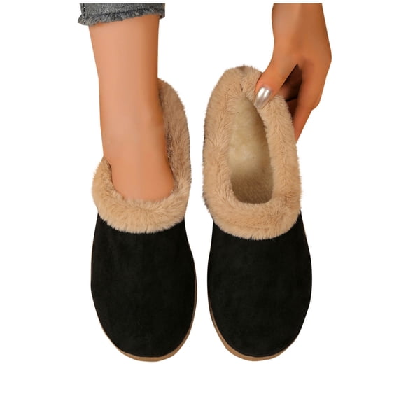 Black Ladies Round Toe Winter Boots Flat Heel Solid Color Warm Plush ...