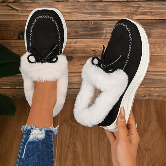 Black Ladies Snow Boots Thick Sole Slip Resistant Warm Fleece Lined Bow ...