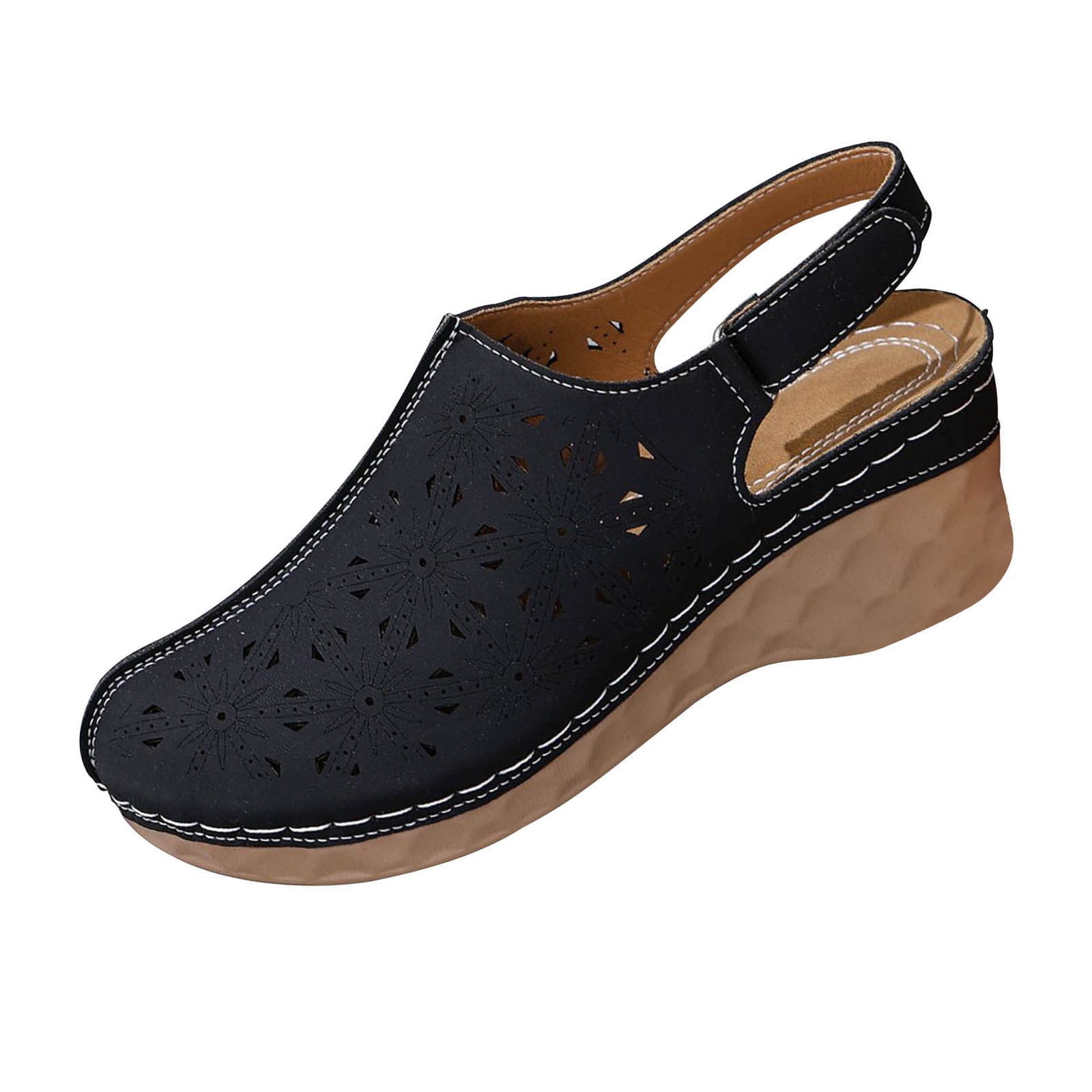 Black Ladies Solid Color Platform Sandals Hollow Out Design With Strap ...