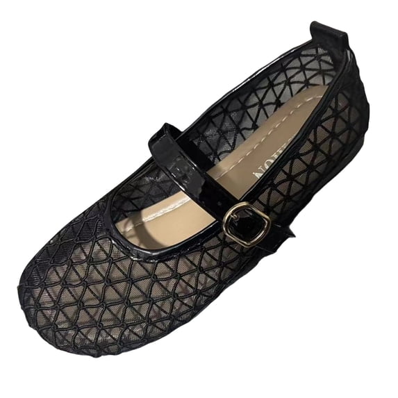 Black Ladies Spring Hollow Out Mesh Round Toe Thin Strap Buckle Mesh ...