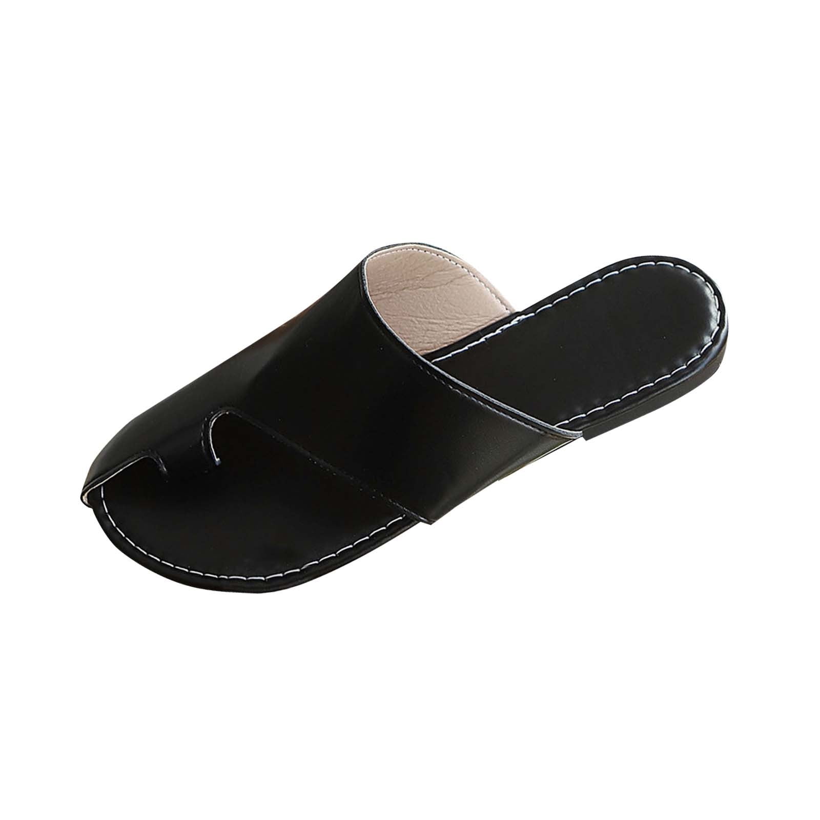 Black Ladies Spring Summer Beach Flat Sandals With Solid Toe Design For ...