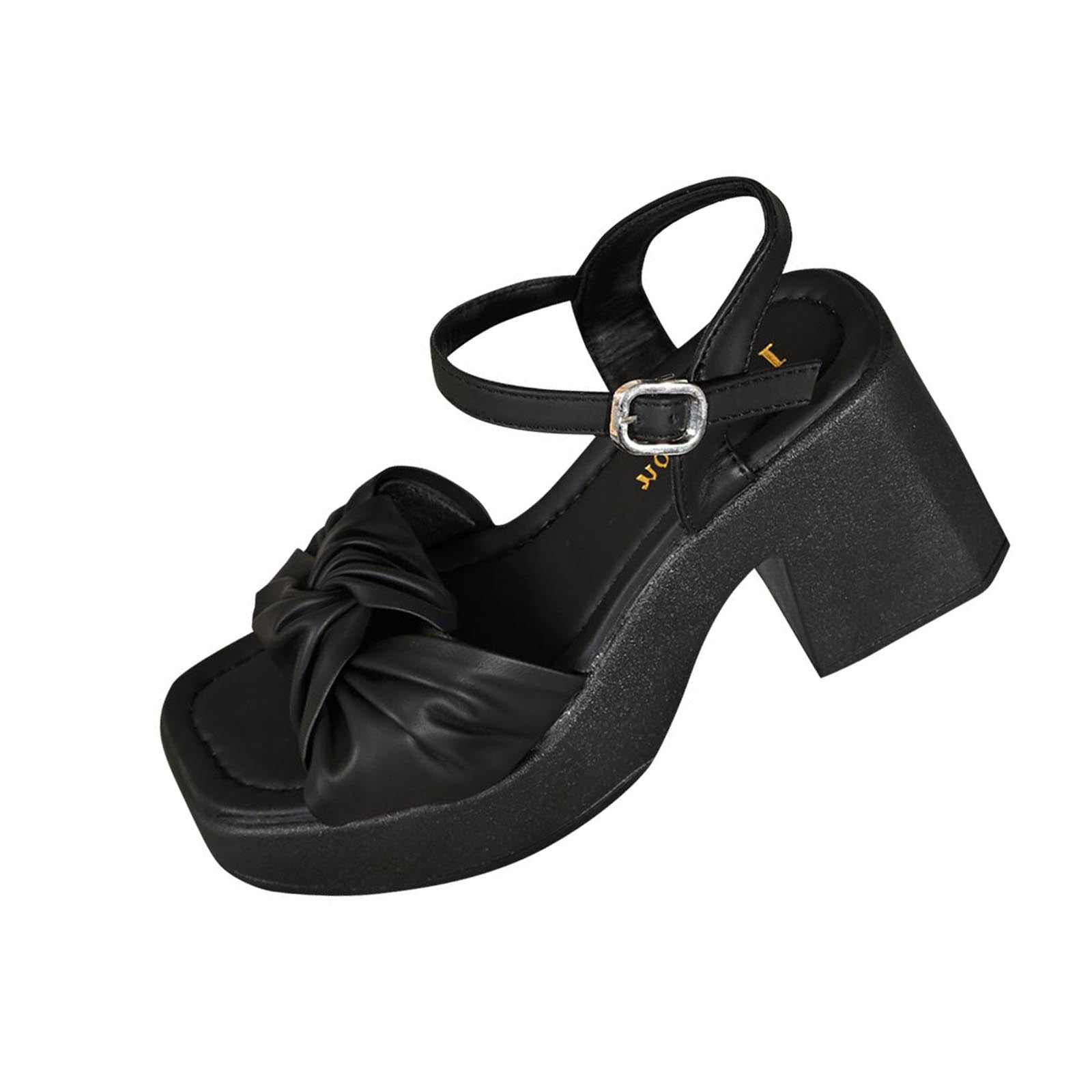 Black Ladies Square Toe Thick Heel Sandals Waterproof Platform For ...