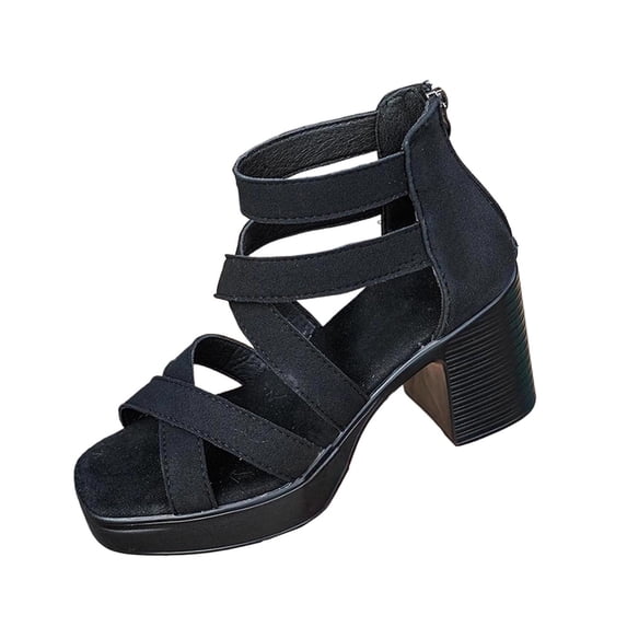 Black Ladies Summer Chunky Heel Peep Toe Sandals Fish Mouth Design High ...