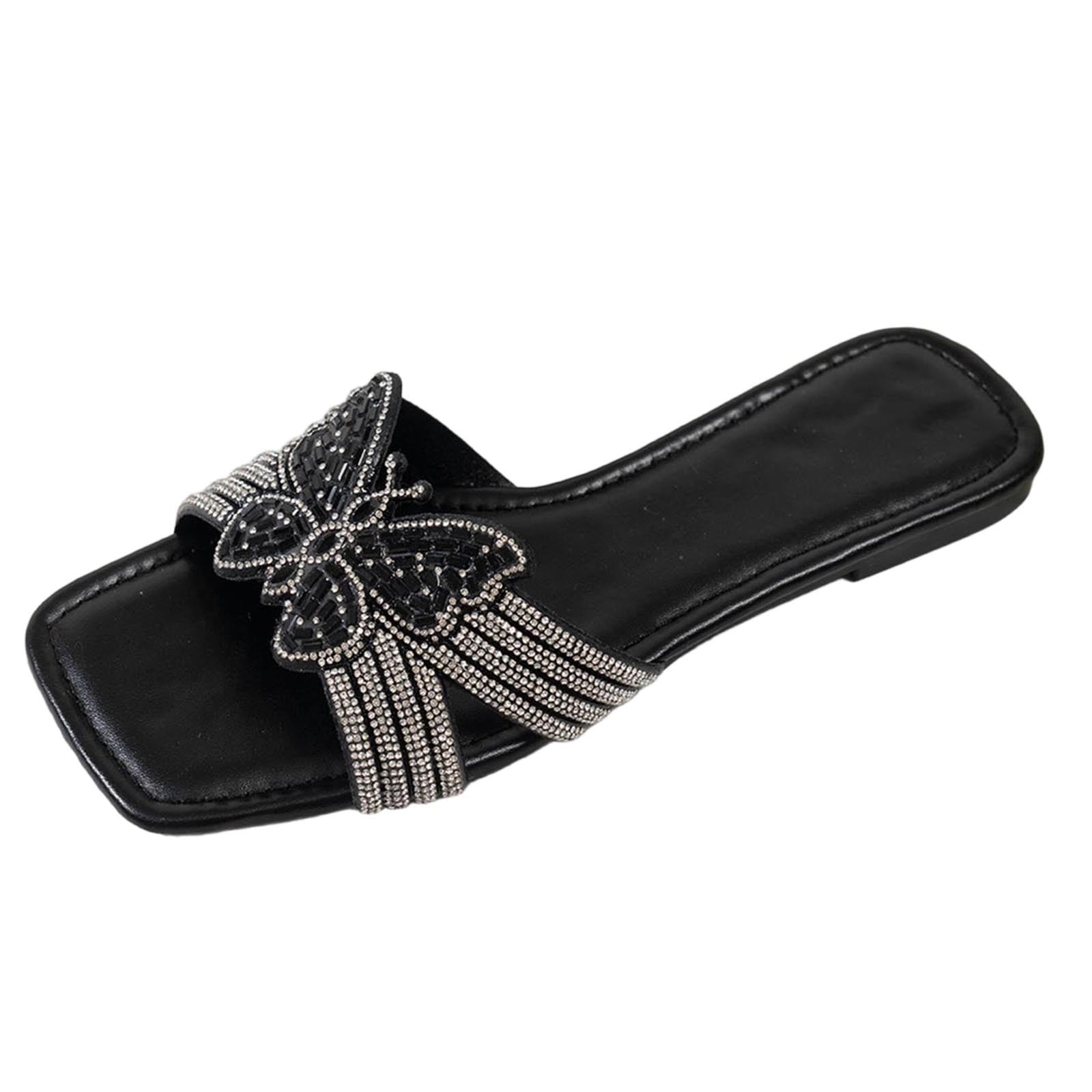 Black Ladies Summer Rhinestone Slippers Square Toe Casual Outdoor ...