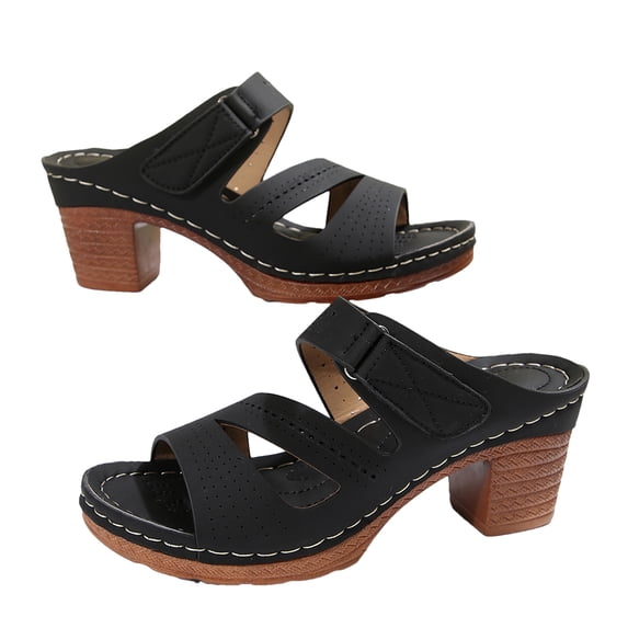 Black Ladies Summer Sandals With Chunky Heels And Open Toe, Offering ...