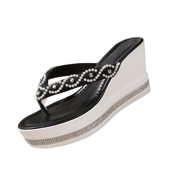 Black Ladies Thick Sole Thong Slippers Sparkly Upper Breathable Wedge ...