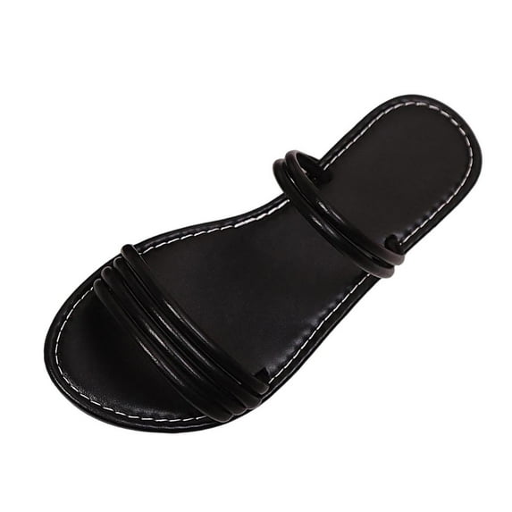 Black Ladies Two Strap Sandals Beach Casual Flat Slide Comfortable ...