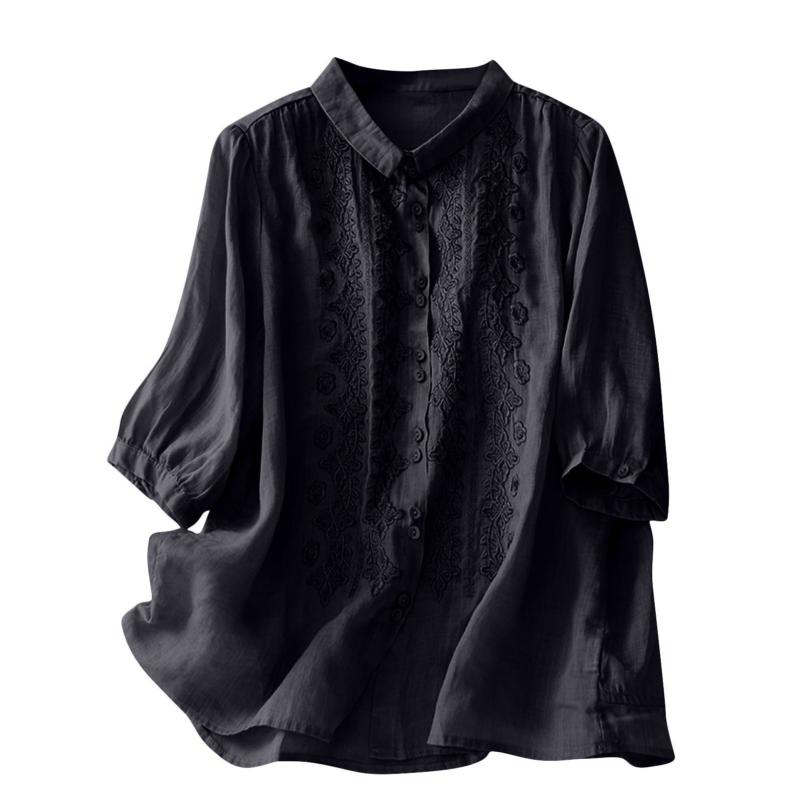 Black Ladies V High Neck Faux Gauze Linen T Shirts Casual Button Tops ...