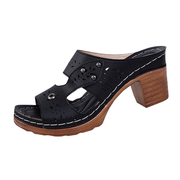 Black Ladies Versatile Thick Heel Sandals Featuring Hollow Carve For ...