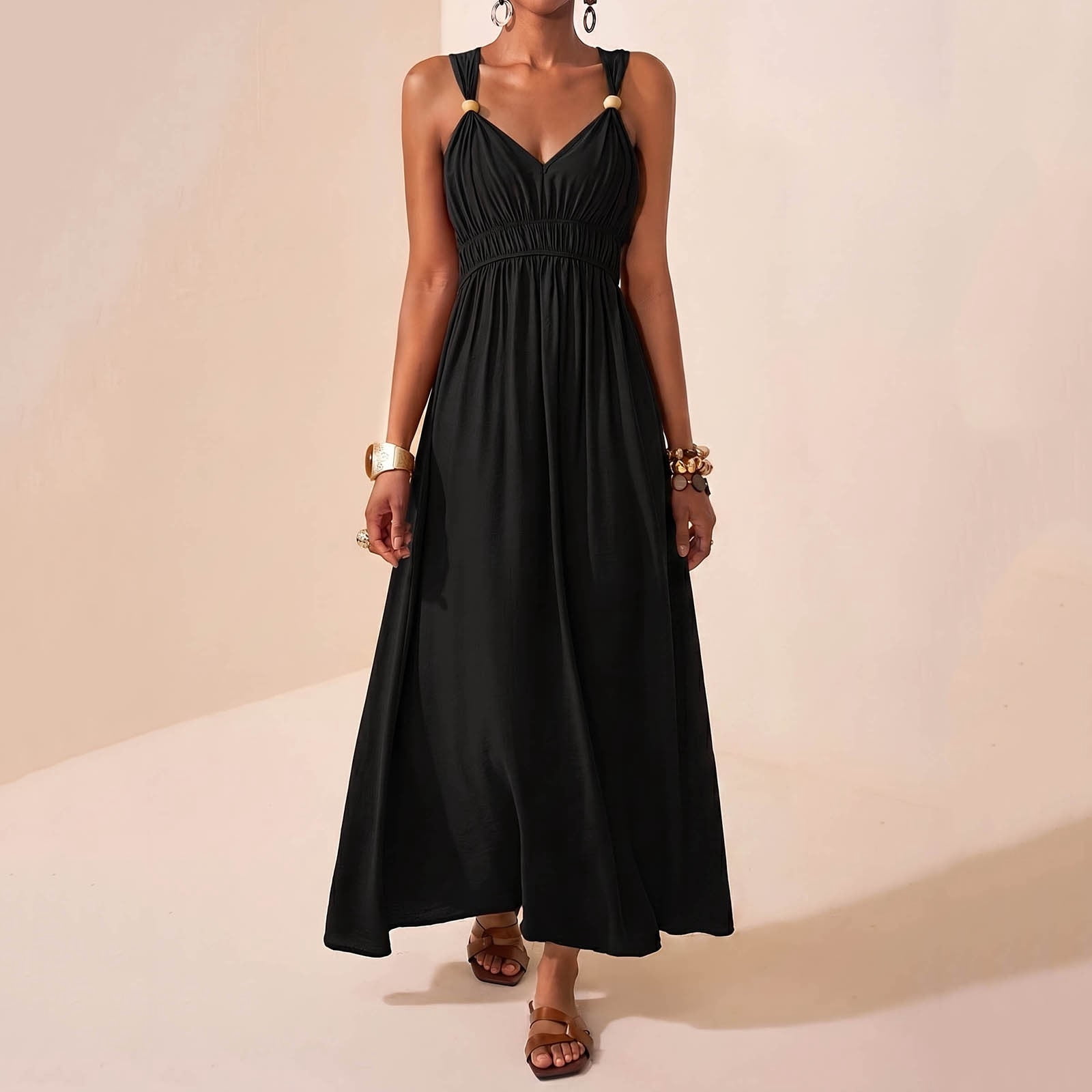 Black Ladies Vneck Dresses for Women Sleeveless Long High Waisted A ...