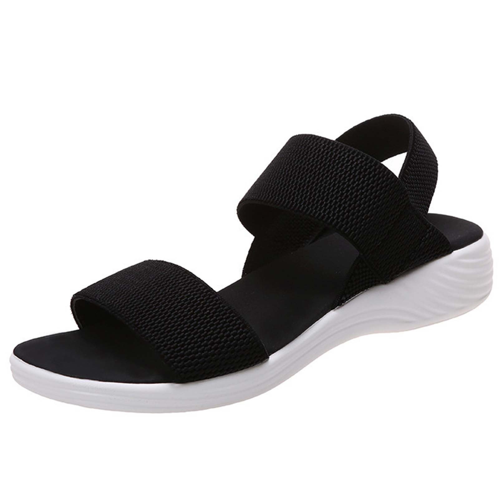 Black Ladies Wedge Heel Sandals Solid Color Round Open Toe Elastic ...