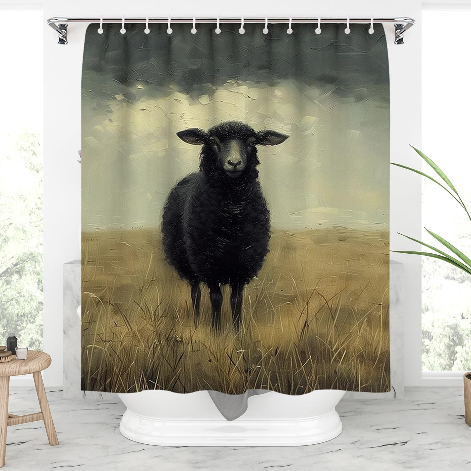 Black Lamb Shower Curtain,Vintage Lamb Landscape Shower Curtain Sets ...