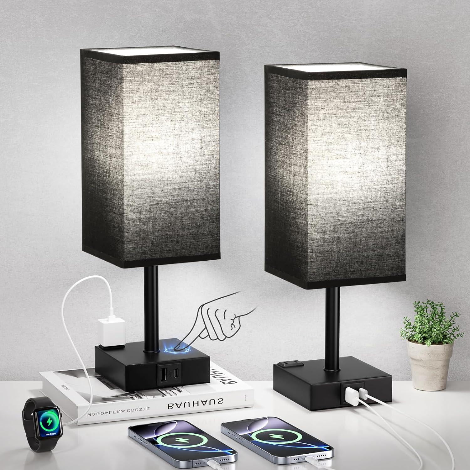 Black Lamp for Nightstand - Touch Table Lamp with Type C + A and AC ...