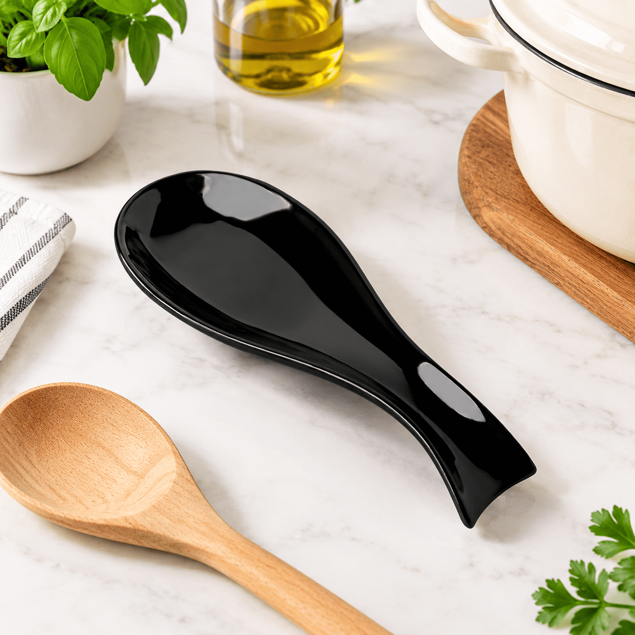 Black Large Ceramic Spoon Rest For Stove Top Kitchen Counter Cooking ...