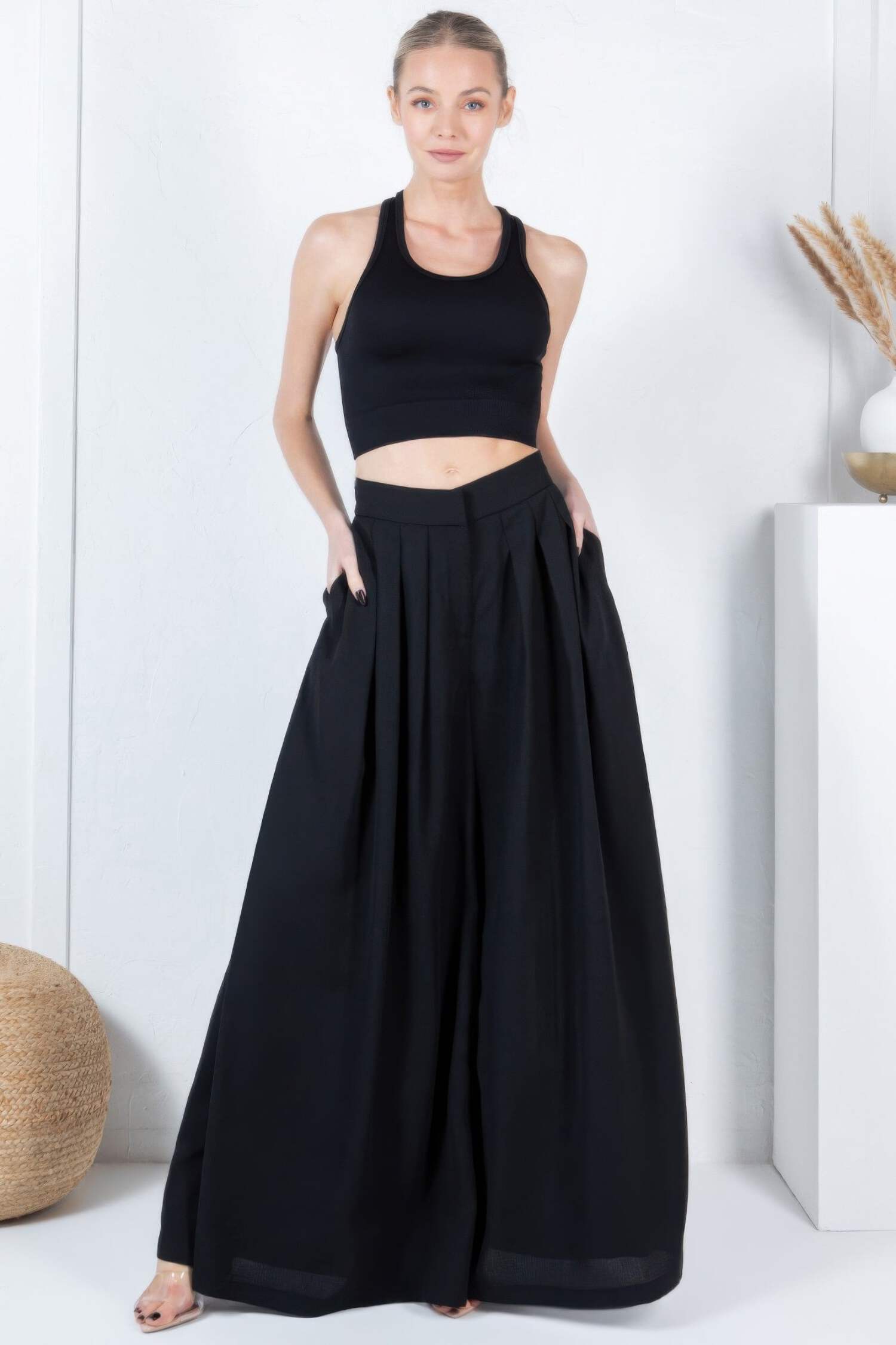 Black Large Hem Wide Leg Pleated Solid Pants - Walmart.com