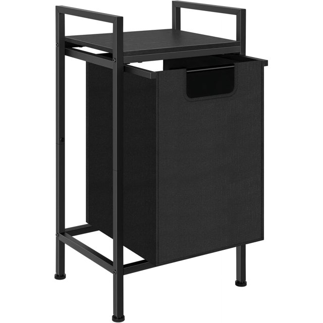 Black Laundry Hamper Basket with Removable Bag and Black Wood Shelf ...