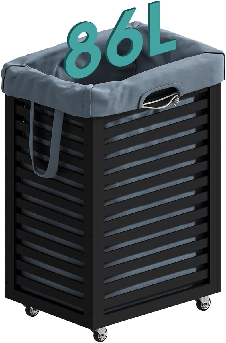 Black Laundry Hamper, Laundry Hamper with Wheels, 22.7 Gallon (86L ...