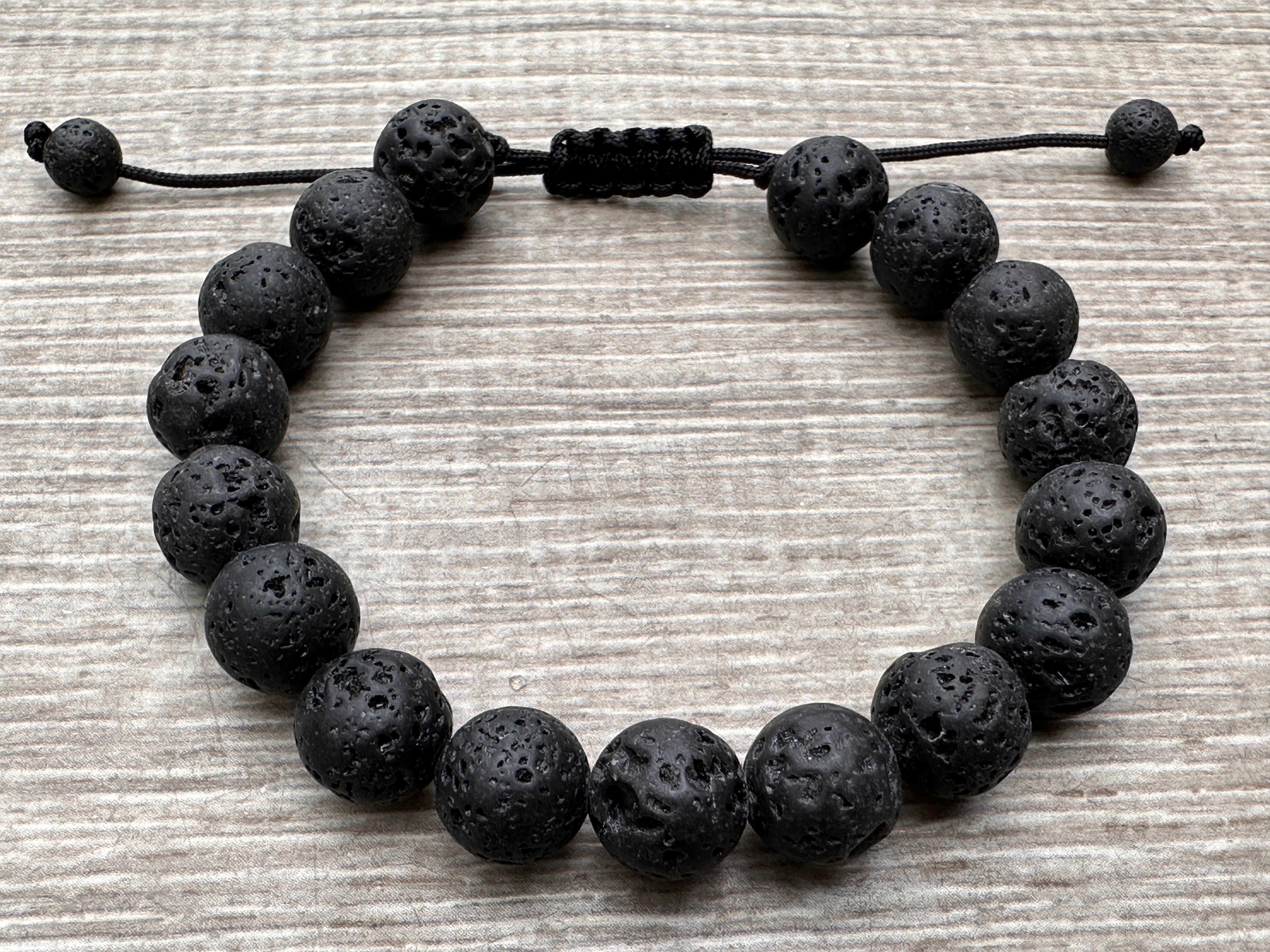 Black Lava Gemstone Round Bead Adjustable Bracelet 10mm, Genuine Crystal Bead Bracelet, Gift for ...
