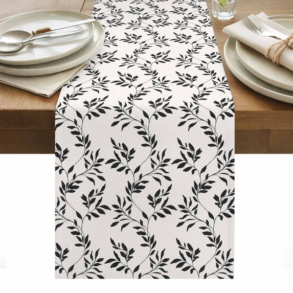 Black Leaf Cotton Linen Table Runner Vintage Farmhouse Botanical Plant ...