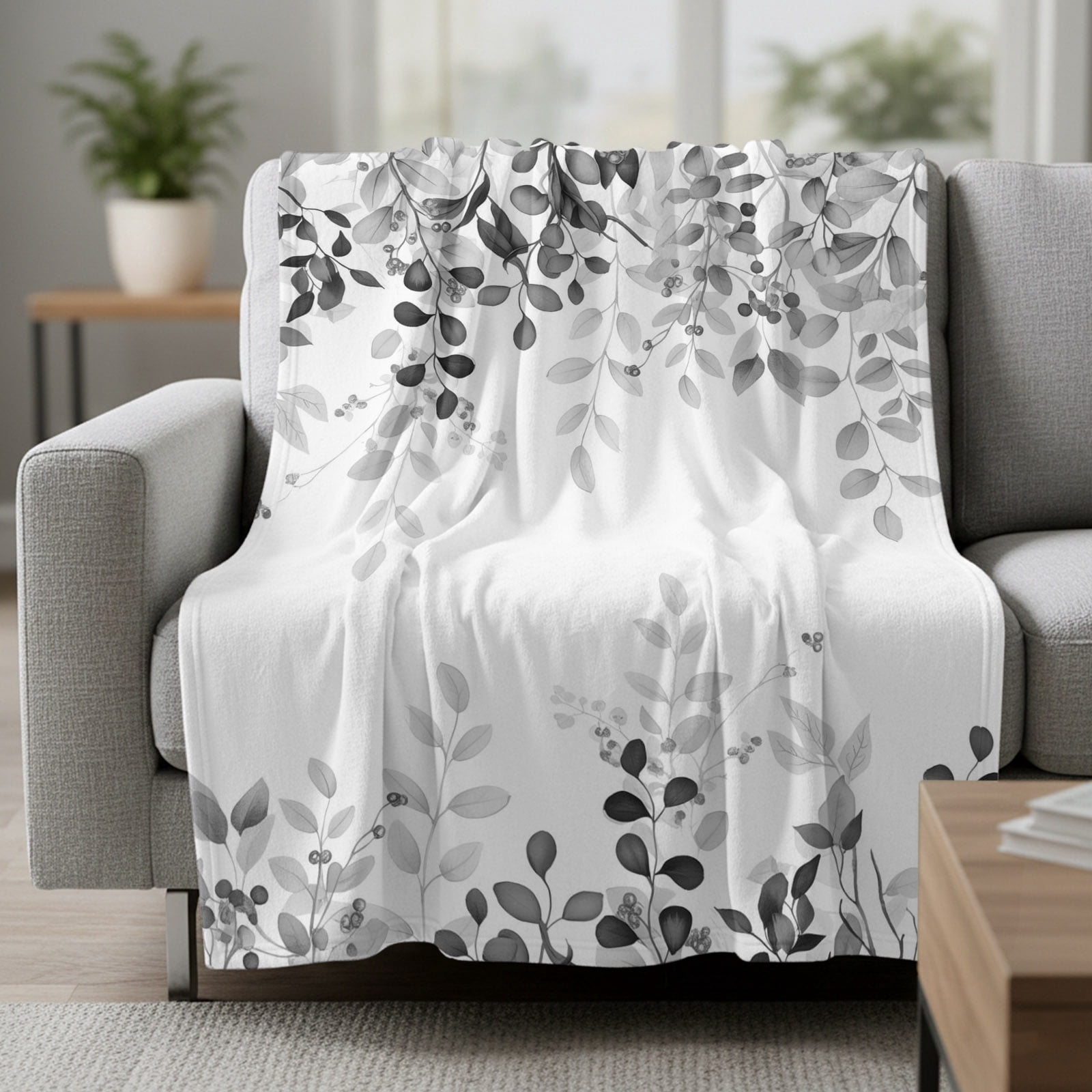 Black Leaf Fleece Throw Blanket Watercolor Eucalyptus Leaves Farmhouses ...