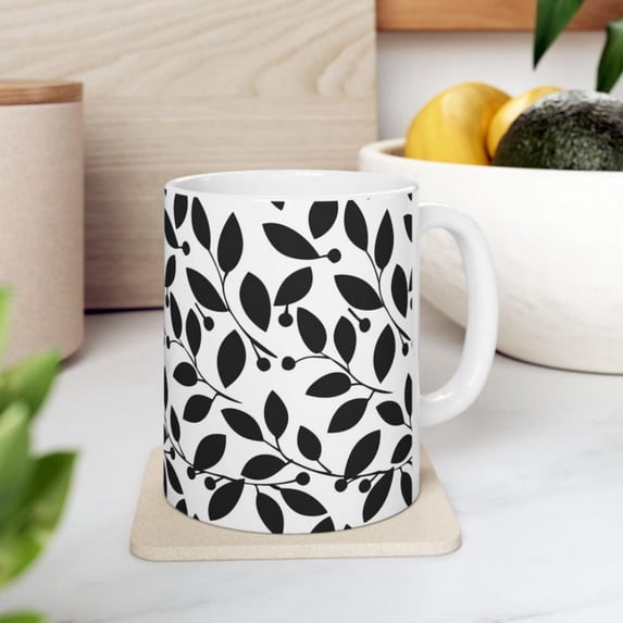 Black Leaf Pattern Ceramic Mug - Stylish Coffee Cup, Floral Tea Mug ...