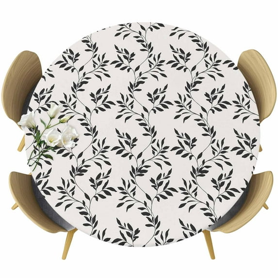 Black Leaf Round Fitted Tablecloth with Elastic Edge, Vintage Farmhouse Botanical Plant Linen ...