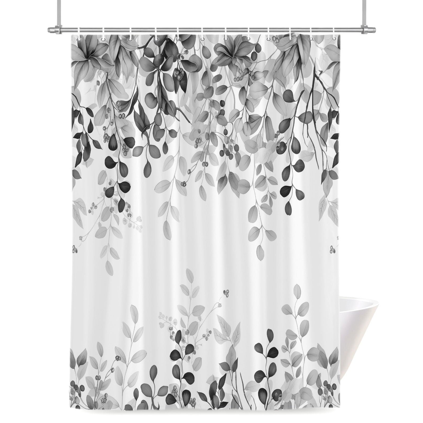Black Leaf Shower Curtains for Bathroom, Watercolor Eucalyptus Leaves ...