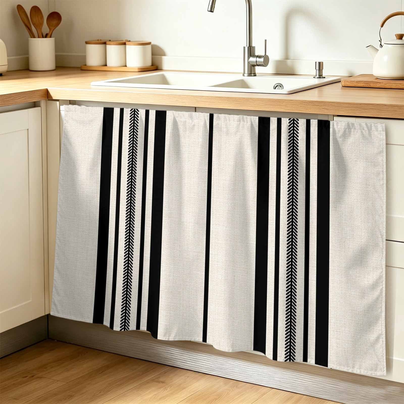 Black Leaf Stripe Cabinet Curtain, Country Vintage Minimalist Classic ...