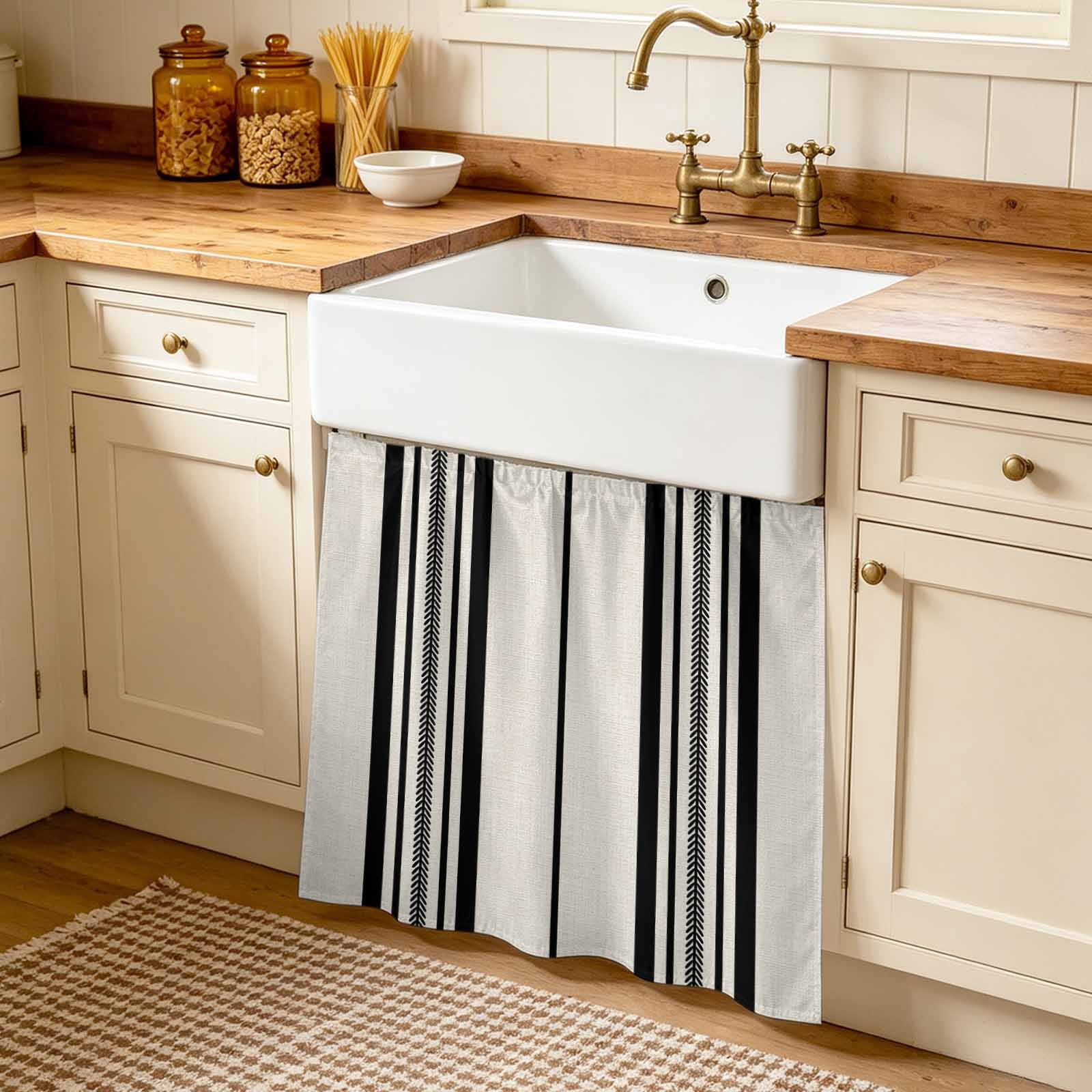 Black Leaf Stripe Cabinet Curtain, Country Vintage Minimalist Classic ...