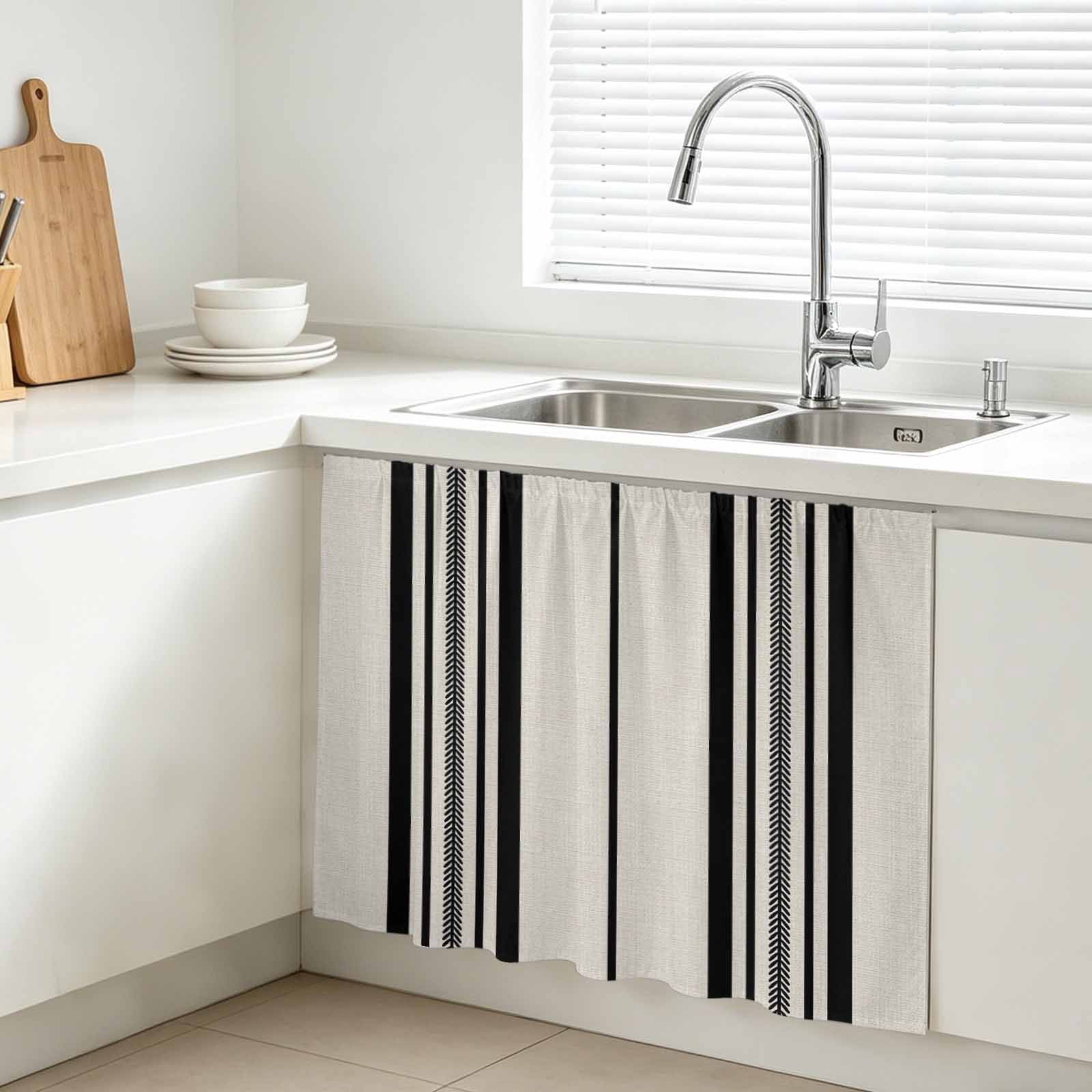 Black Leaf Stripe Cabinet Curtains for Kitchen 28"W x 35"L, Country ...