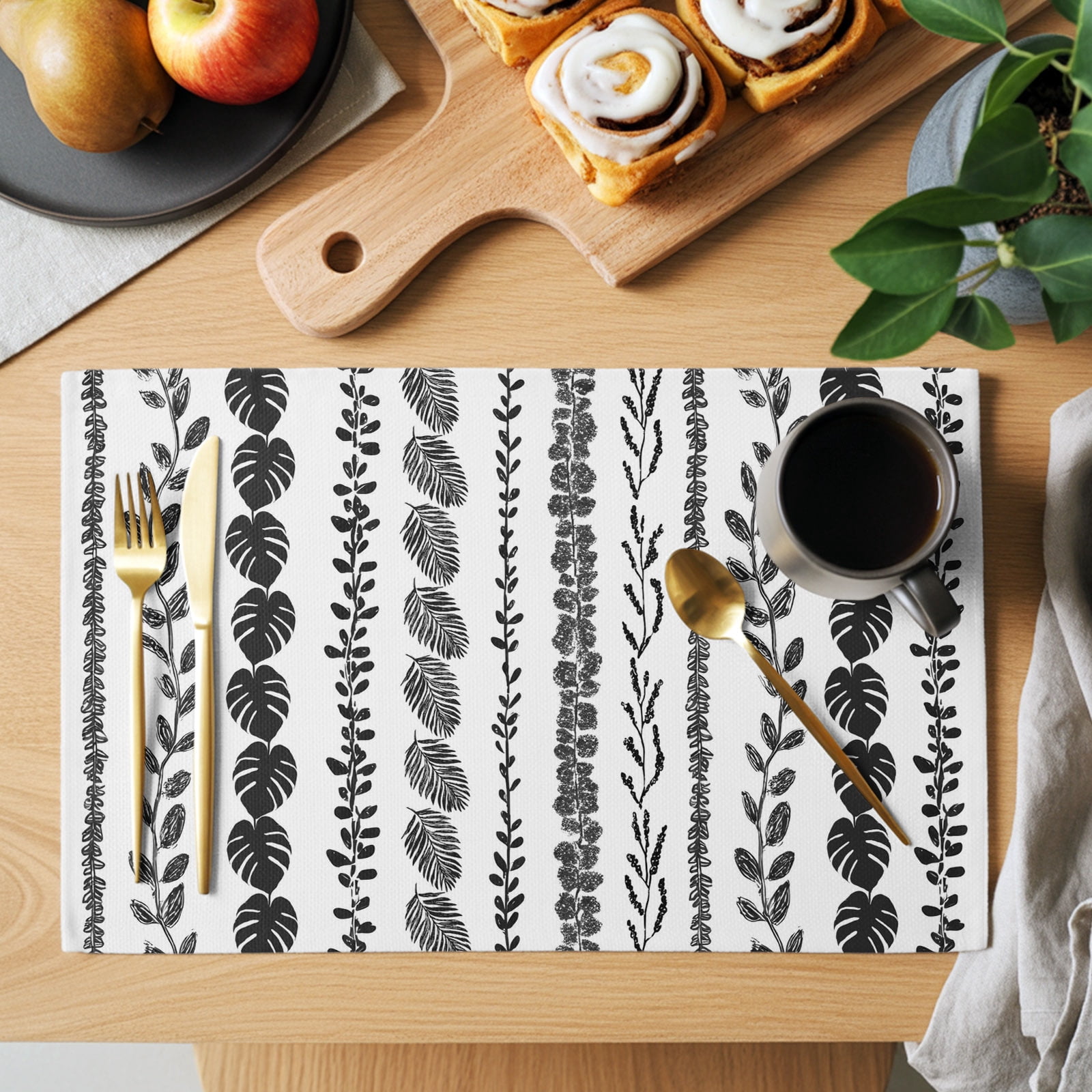 Black Leaf Striped Placemats Set of 6, Summer Botanical Vertical ...