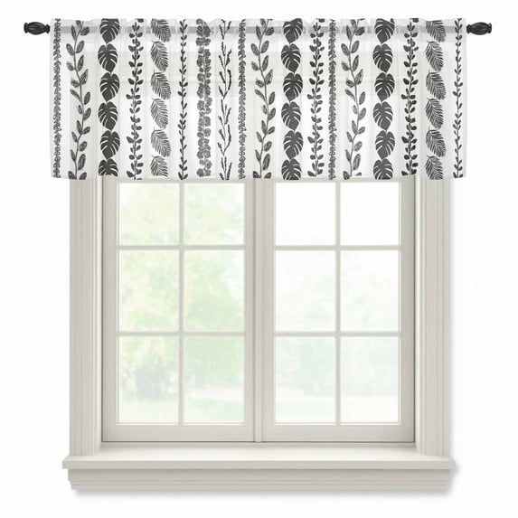 Black Leaf Striped Semi Sheer Valance Curtains, Summer Botanical ...