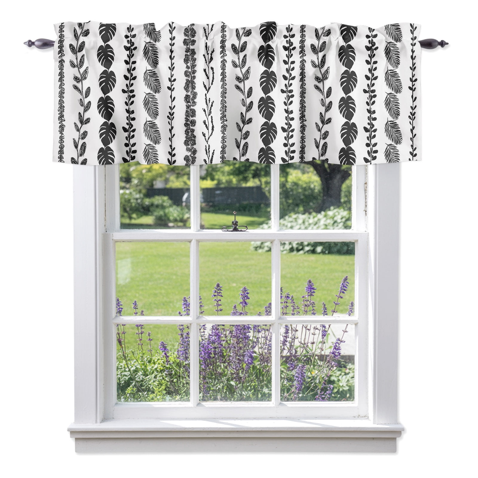 Black Leaf Striped Valances for Windows Summer Botanical Vertical ...