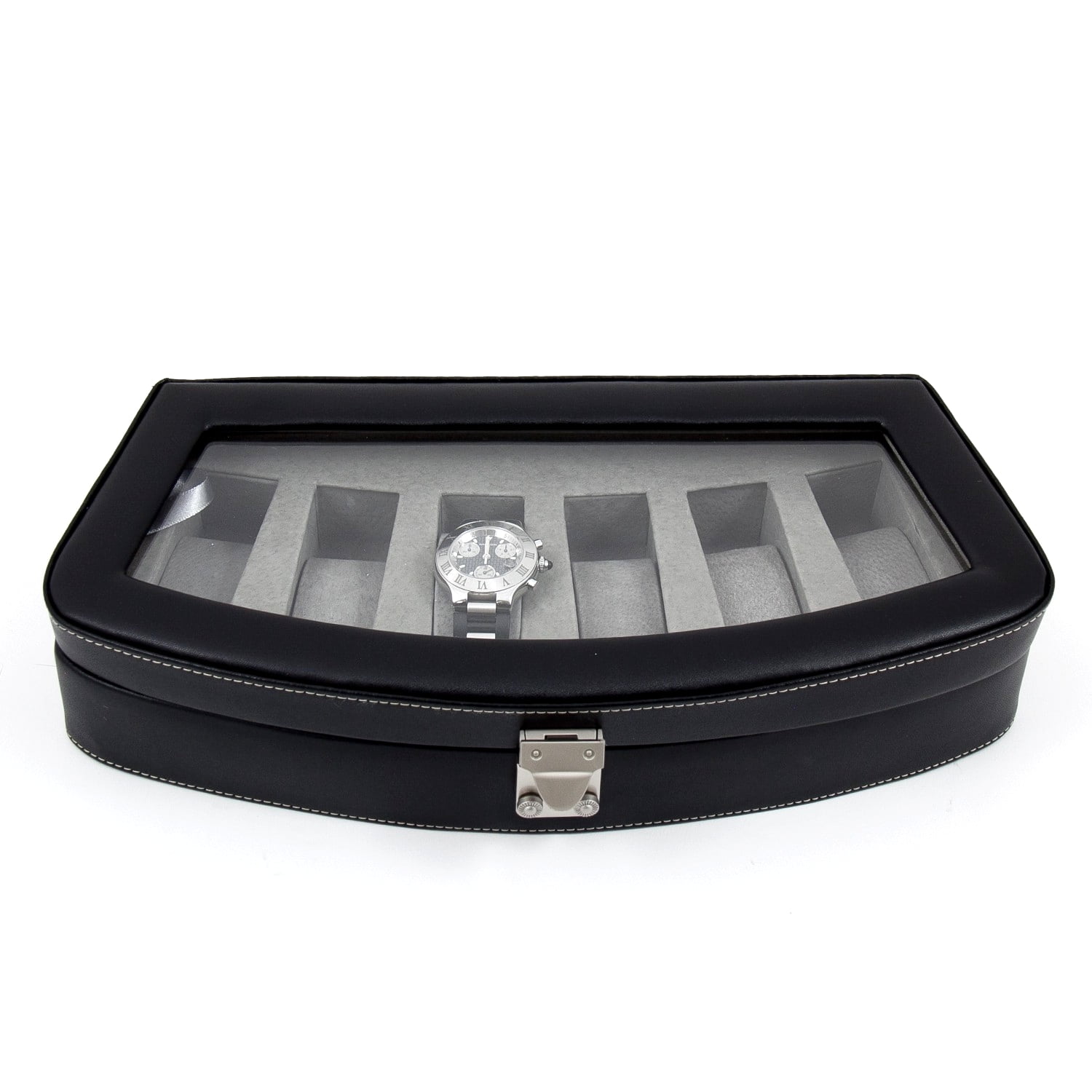 Black Leather 6 Watch Case with Glass Top and Locking Clasp. - Walmart.com