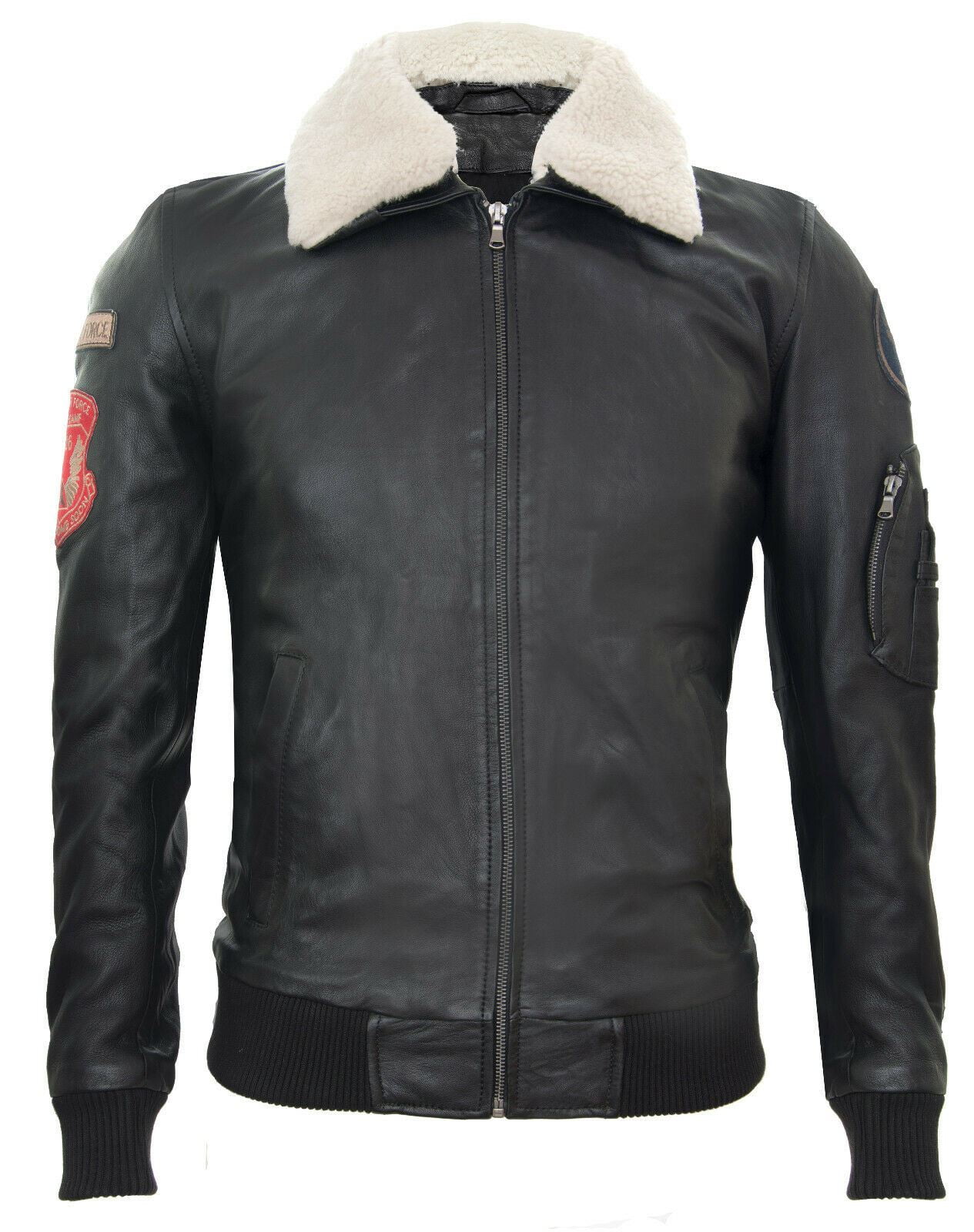 Black Leather Air Force Bomber Jacket with Detachable Collar - Miami ...