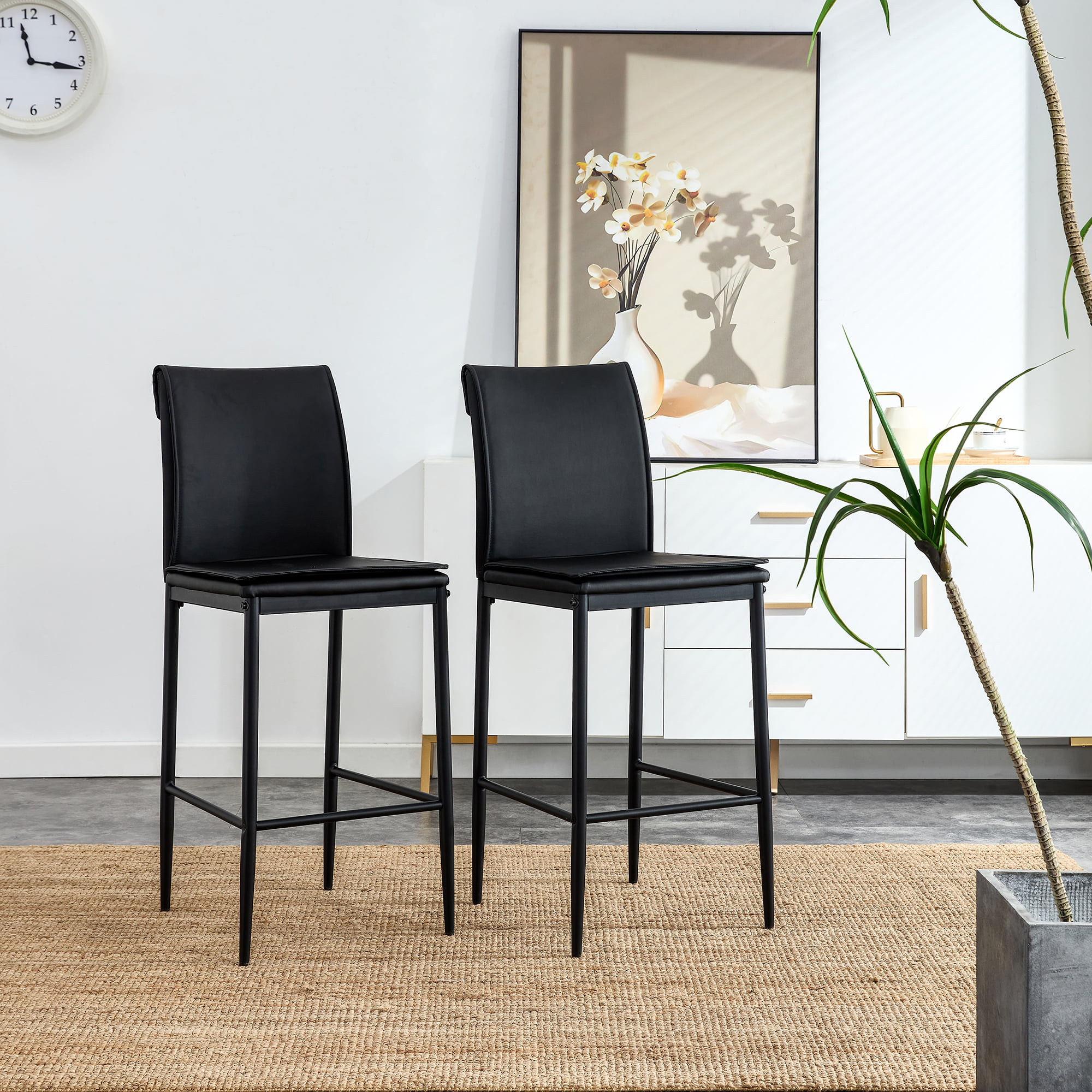 Home Square Camille 26.5" Leather Counter Stool in Black - Set of 3 ...
