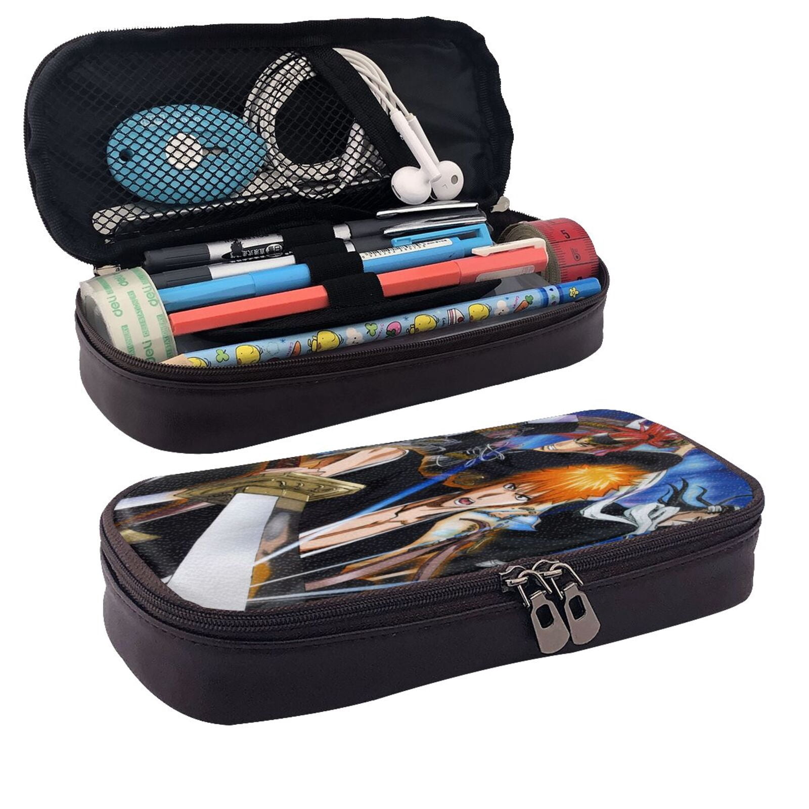 Black Leather Blea-ch Pencil Pouch Case Makeup Bag Large Capacity ...