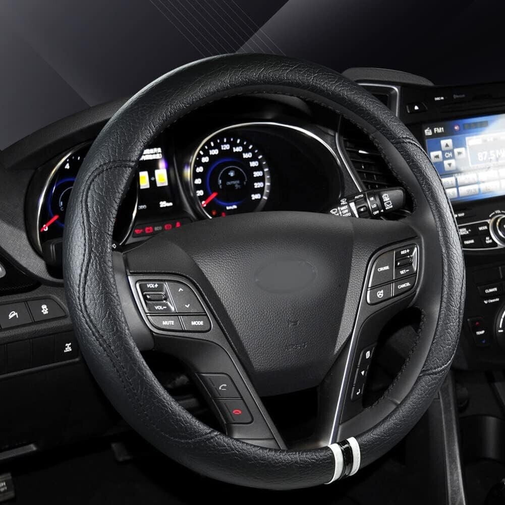 Black Leather Car Steering Wheel Cover with Anti-Slip 14.5-15 inch ...