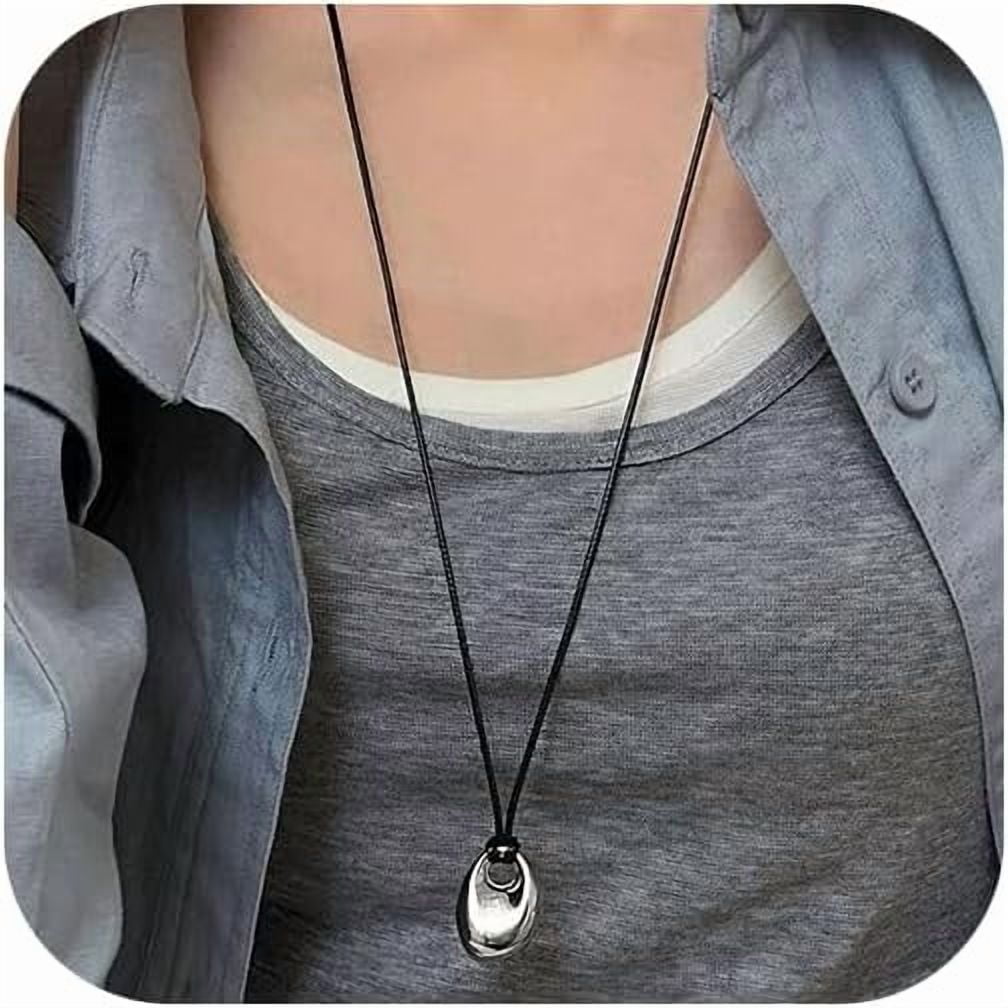 Black Leather Cord Bean Pendant Necklace for Women Long Gold Oval Beans ...